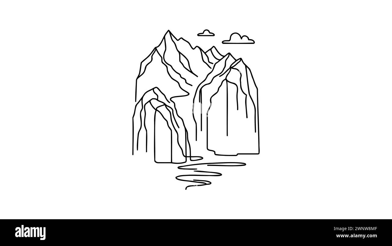 One continuous line drawing of mountain range landscape. Web banner ...