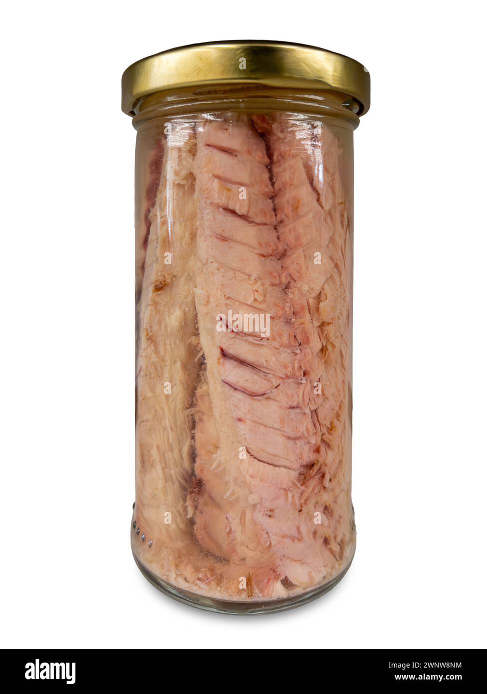 Mackerel fillets in olive oil in glass jar isolated on white with ...