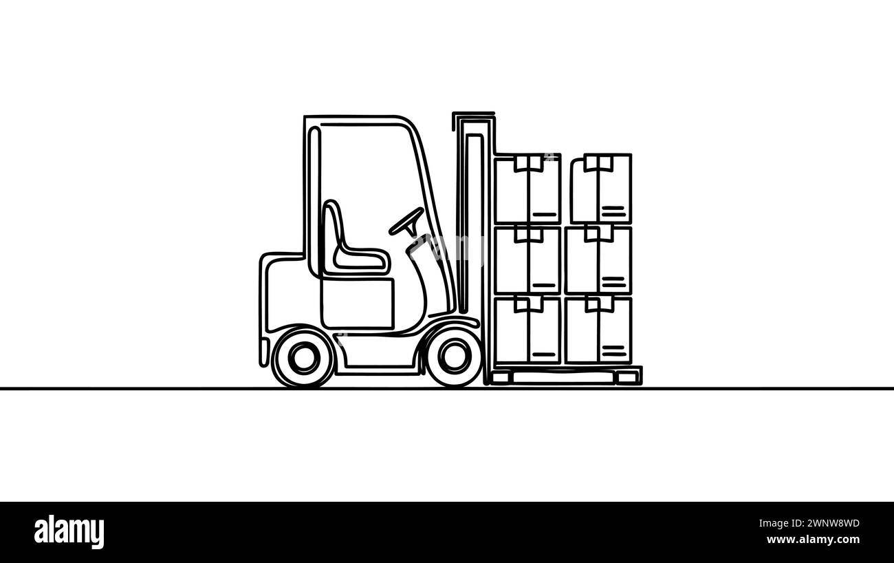 Continuous one line drawing forklift truck with boxes. Heavy automobile ...