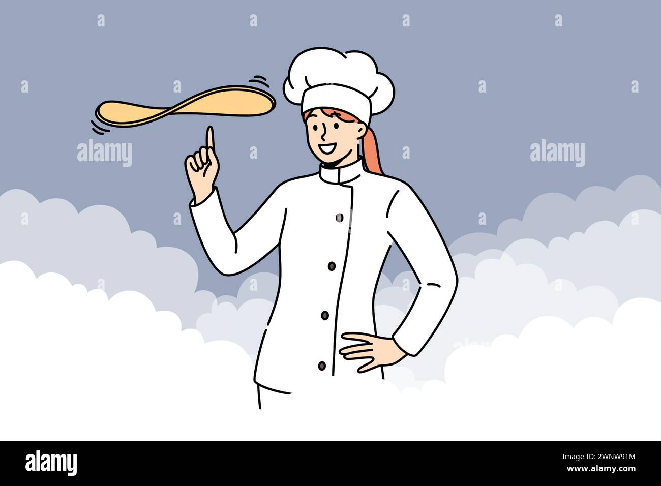 Woman chef cook prepares dough for pizza or delicious pie, stands among ...