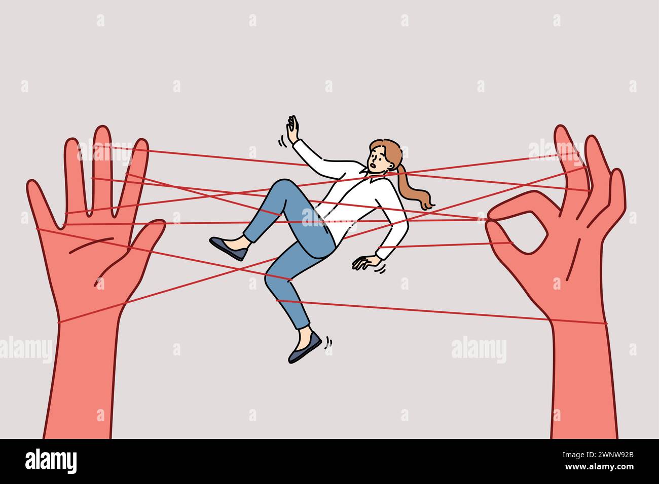 Business woman in manipulator networks with big hands, for concept ...