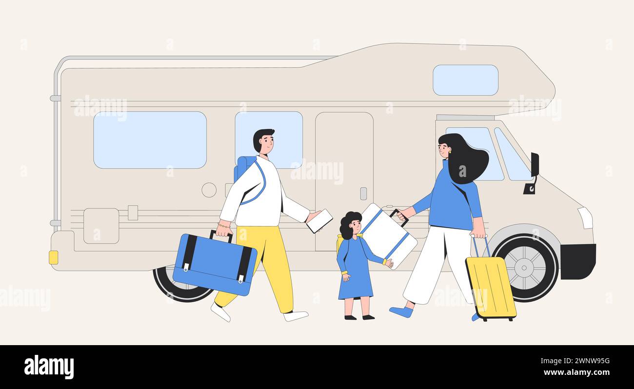 Family road trip vacation. People with caravan, camper trailer. Summer ...