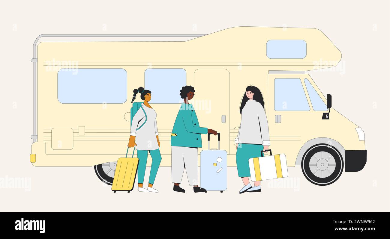 Road trip vacation. Friends travelling by caravan rv. Tree students ...