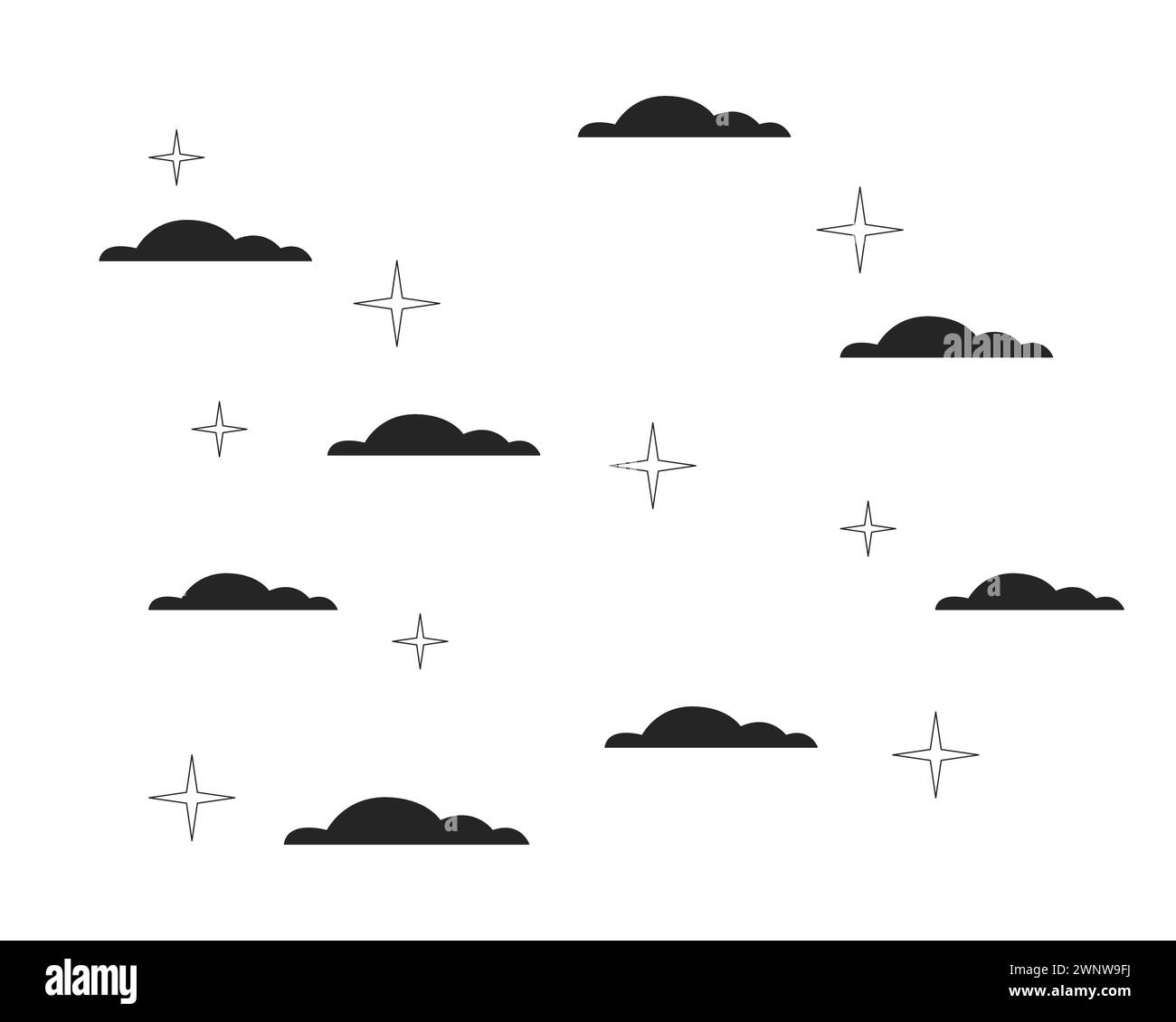 Sparkling Stars In Night Sky Clouds Black And White 2d Line Cartoon Object Stock Vector Image