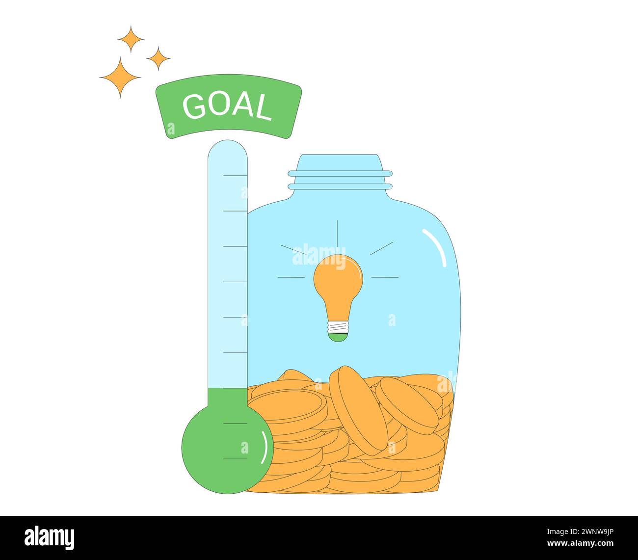 Fundraising business idea tracker. Goal thermometer and jar with grown ...