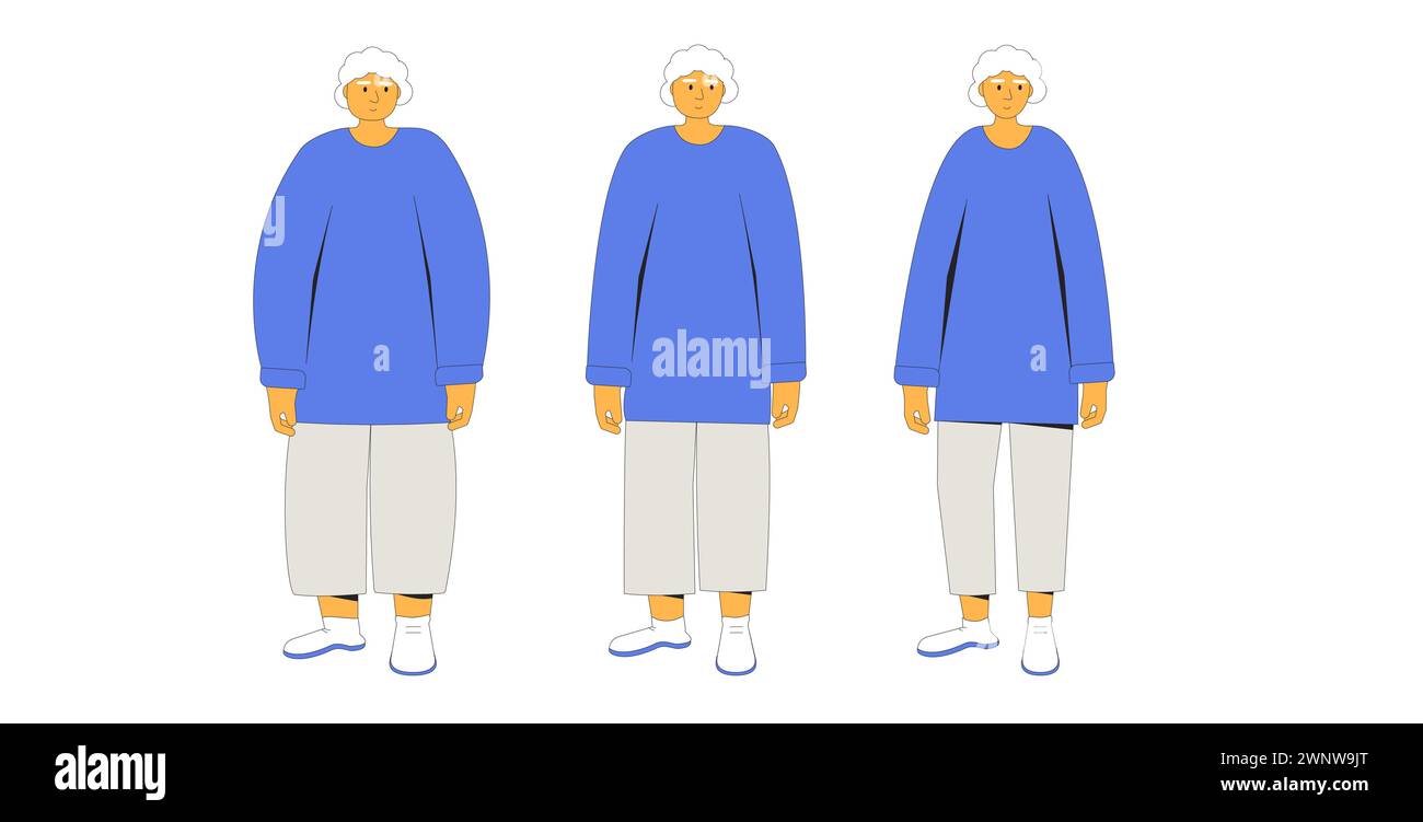 Weight loss elderly woman sequence. Before and after sport exercises ...