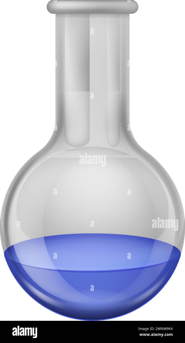 Chemical laboratory glassware. Transparent flask with blue liquid ...