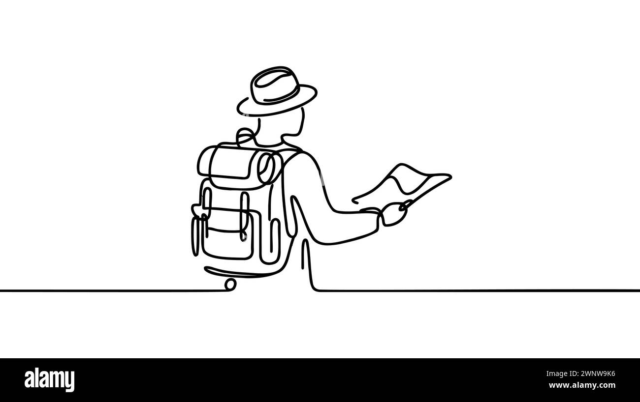 Continuous line drawing of traveler, tourist. Single one line art ...