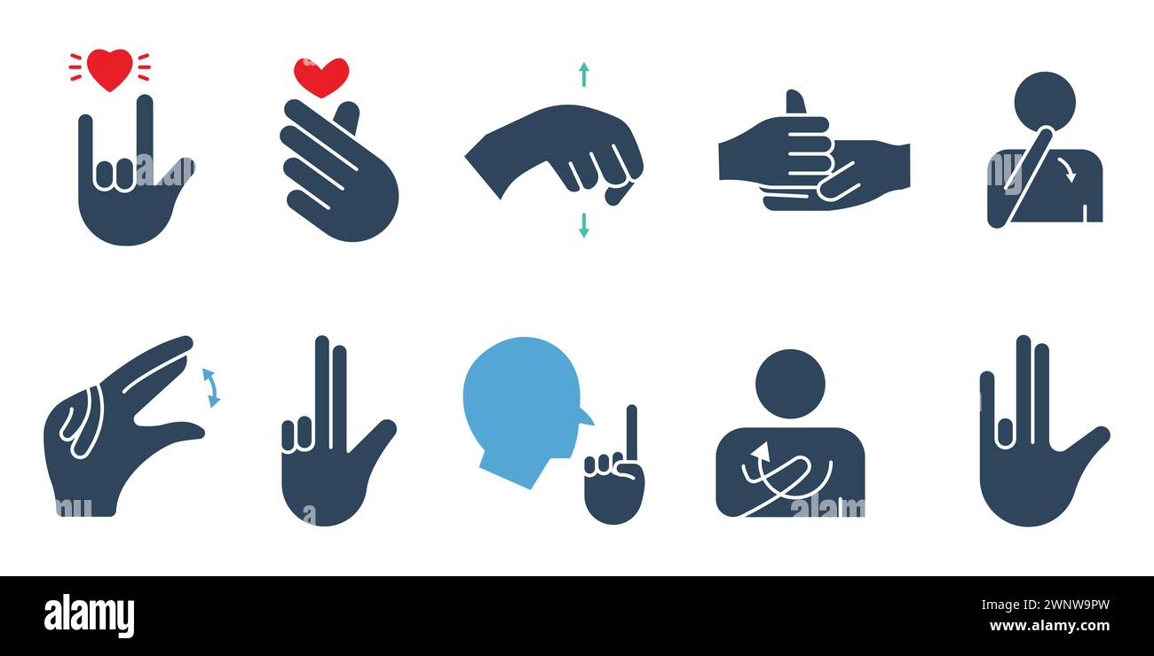 sign language. sign language icon set. i love you, help, yes, no, thank ...