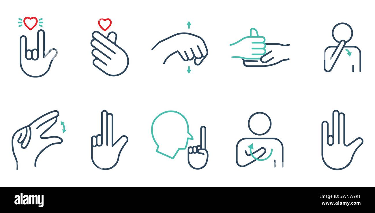 sign language. sign language icon set. i love you, help, yes, no, thank ...