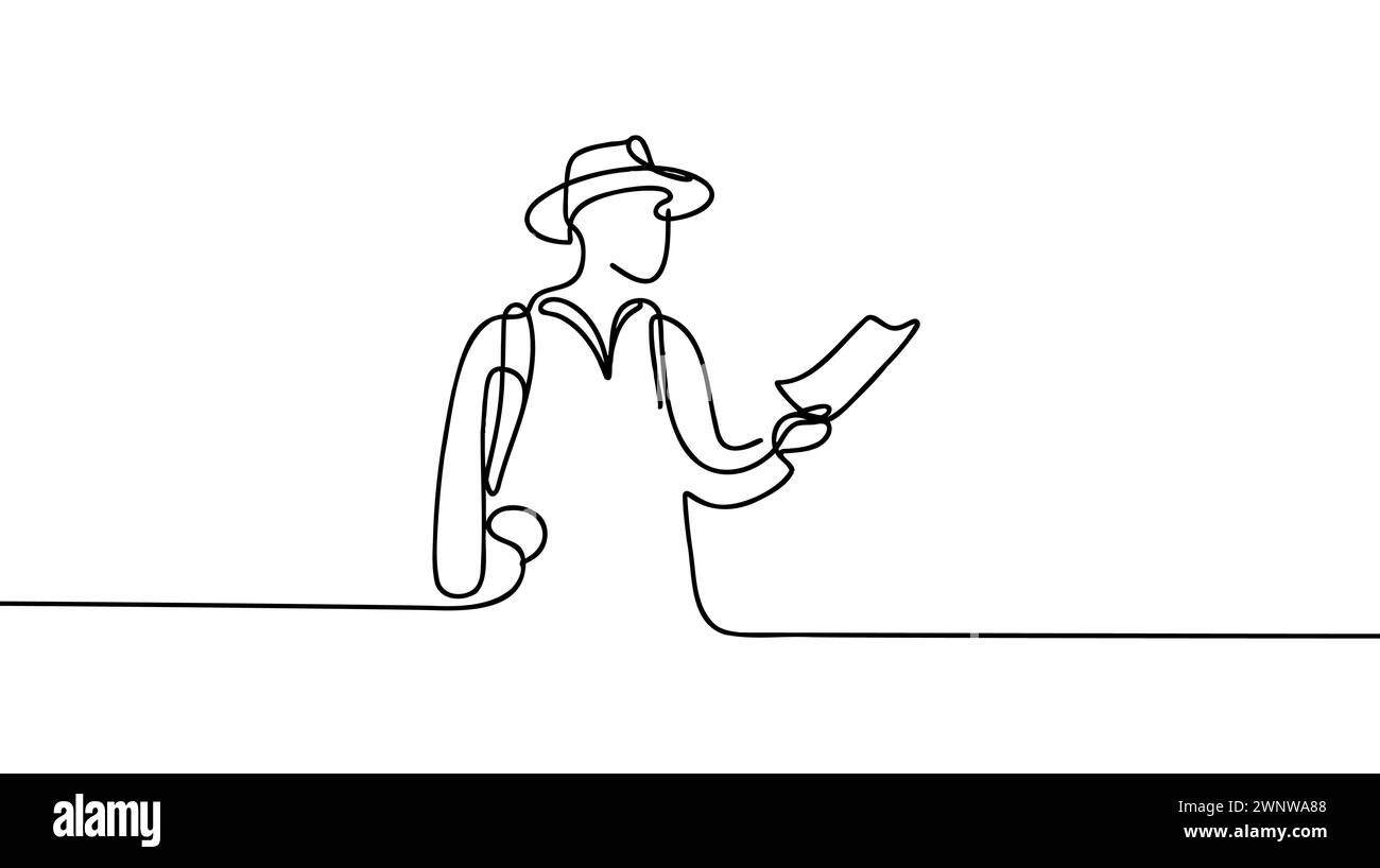 Continuous line drawing of traveler, tourist. Single one line art ...