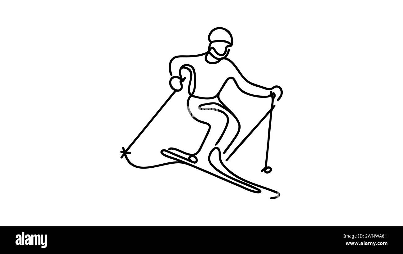 Thin one continuous line illustration drawing skier, skiing, descent ...