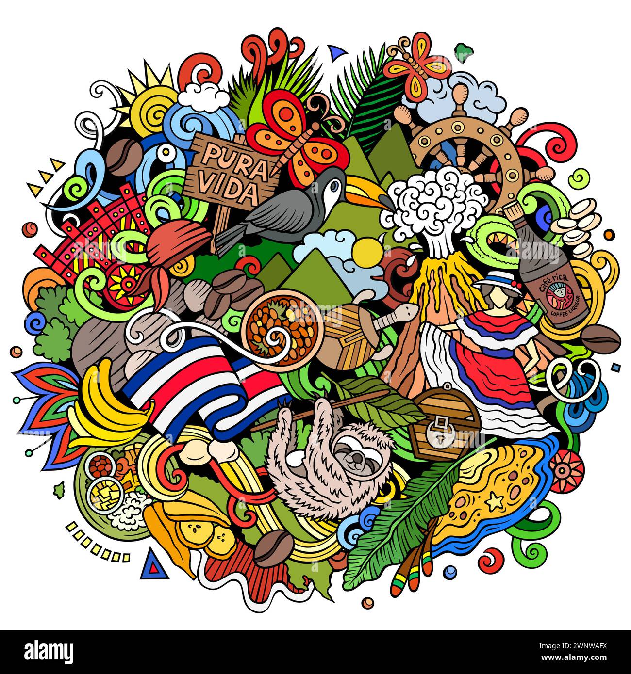 Vector funny doodle illustration with Costa Rica theme. Vibrant and eye ...