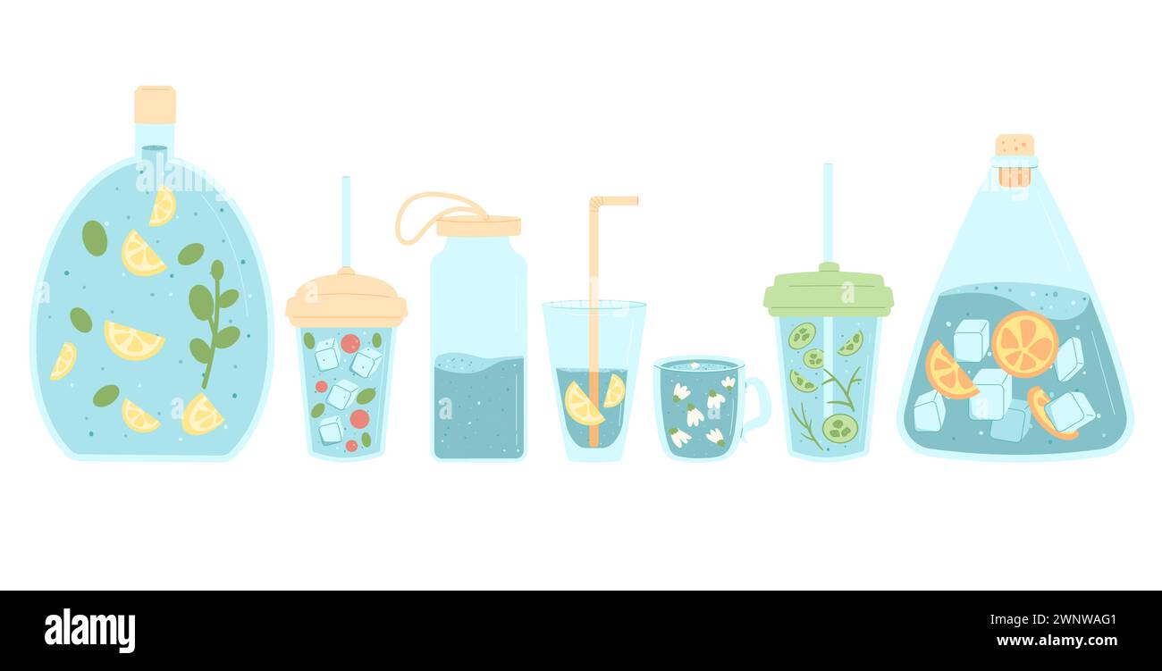 Summer soft drinks and water in different containers set isolated on ...