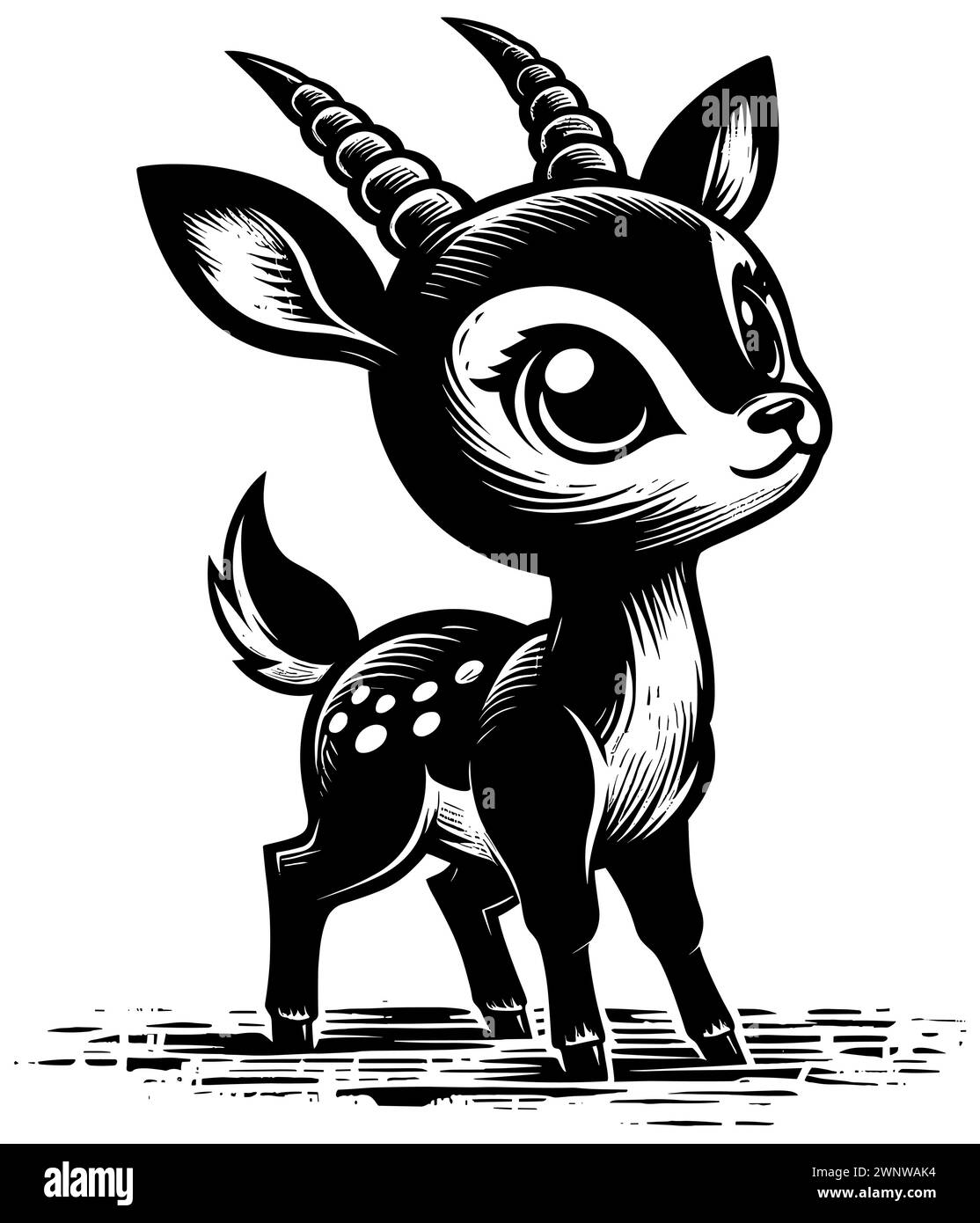 Woodcut style illustration of cute baby antelope on white background ...