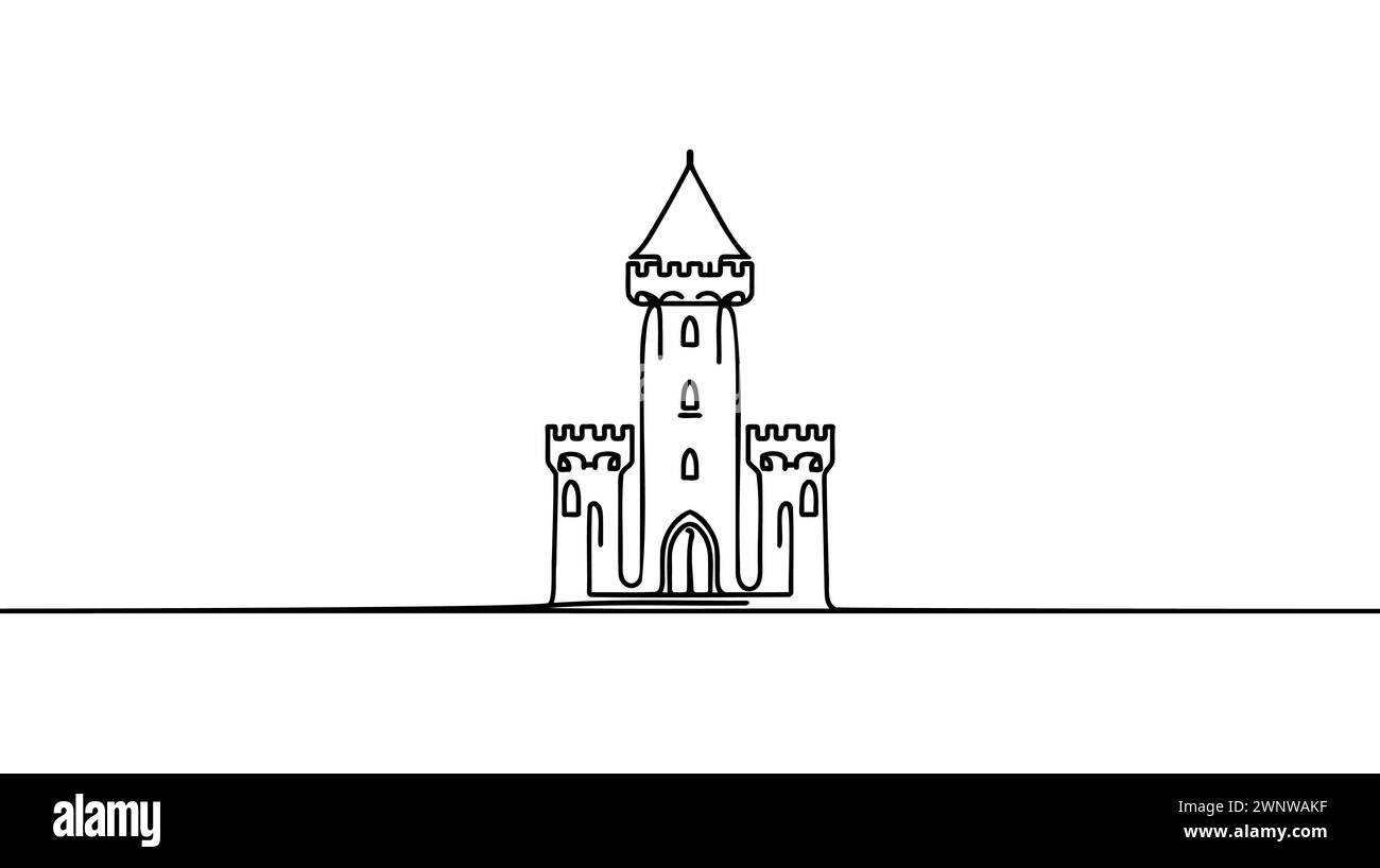 Single one line drawing of castle in an amusement park with four towers ...