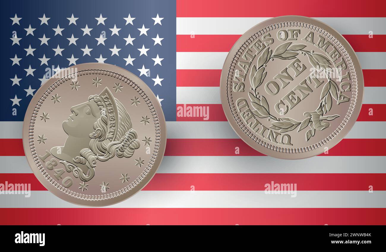 Vector American money, one cent coin, 1840-1857. Classic head large ...