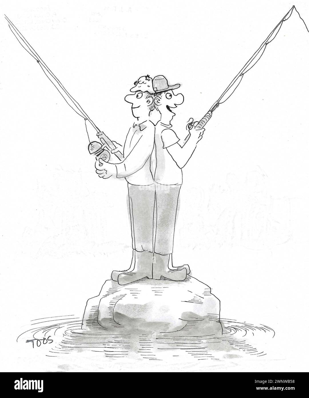 BW cartoon of two men who want to fish in the same spot - there is a ...