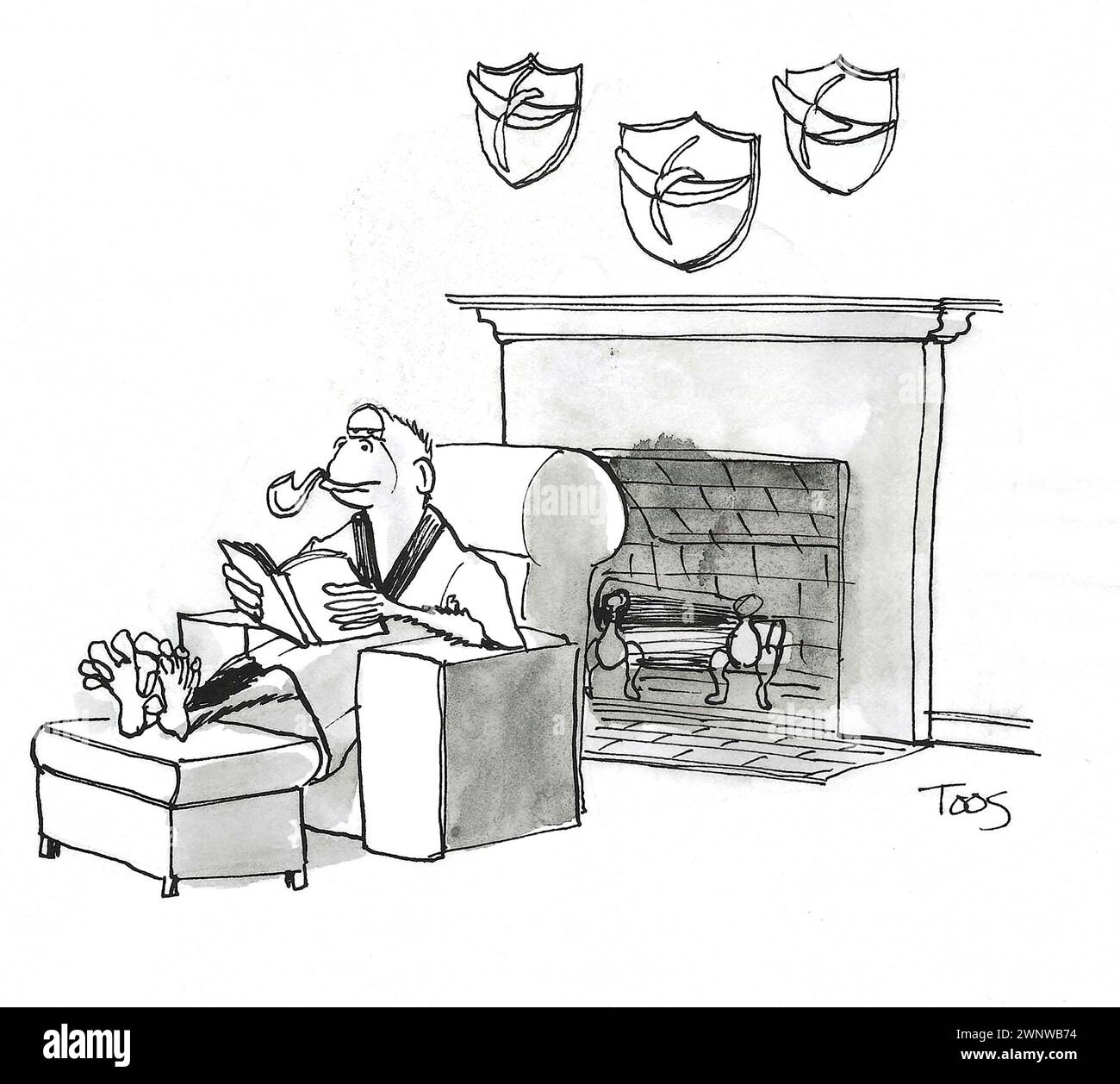 BW cartoons showing a monkey living in a mansion with his 'game trophy ...