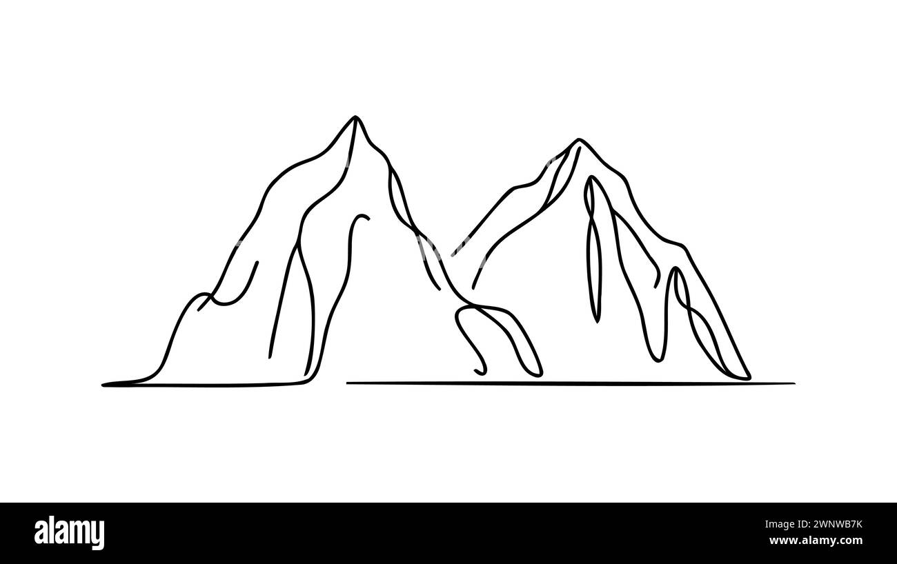 One continuous line drawing of mountain range landscape. Web banner ...