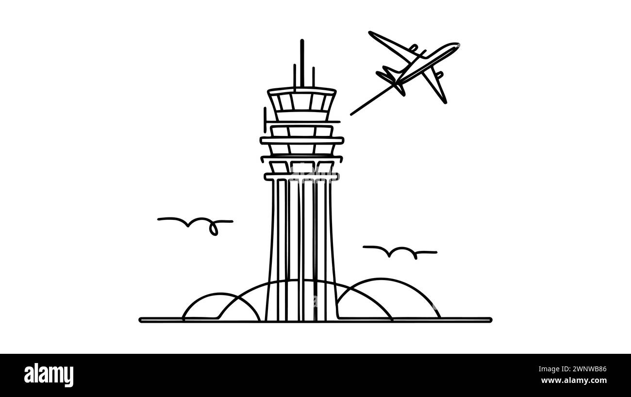 Air traffic control one continuous line illustration. Radar and control ...