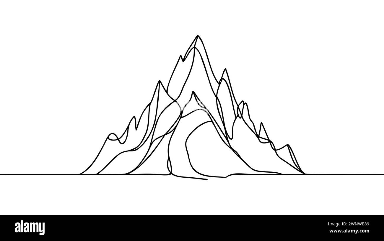 One continuous line drawing of mountain range landscape. Web banner ...