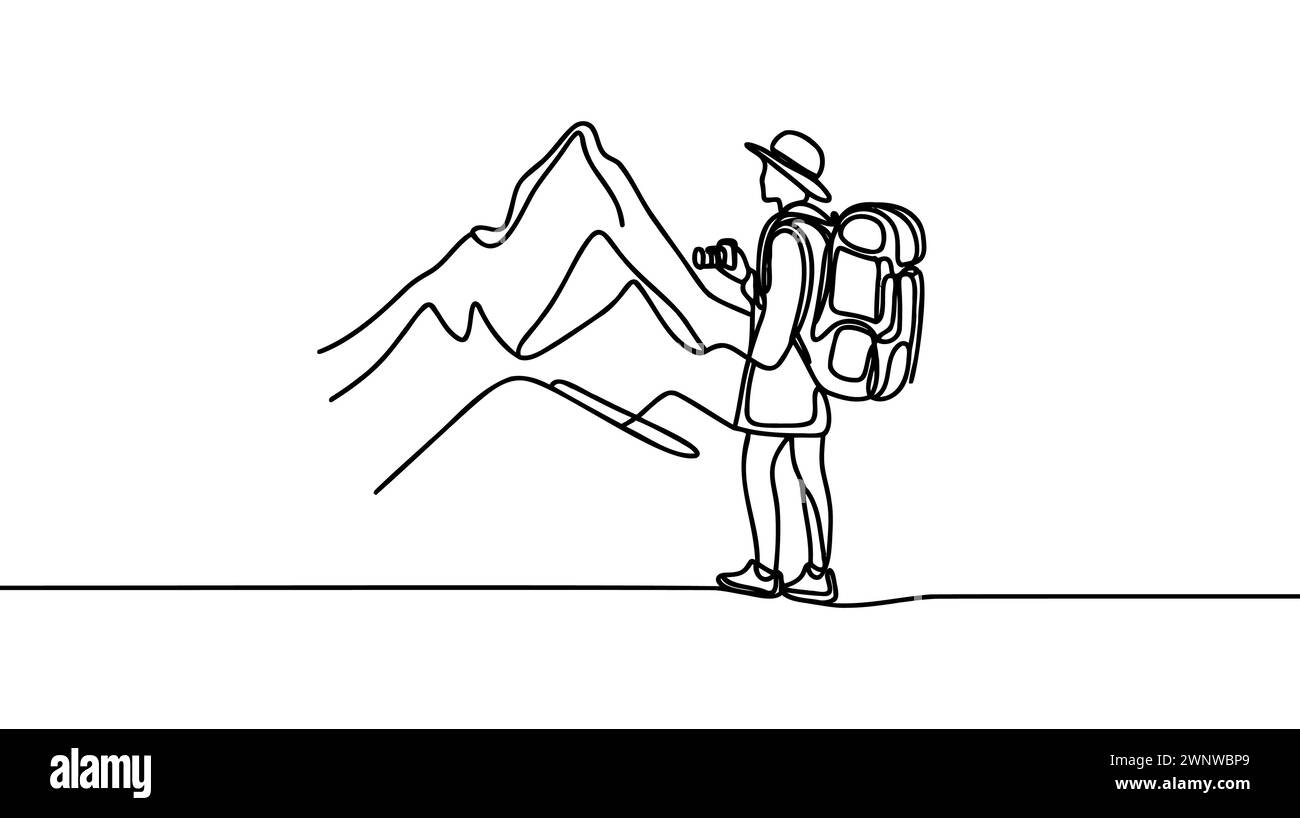Continuous line drawing of traveler, tourist. Single one line art ...