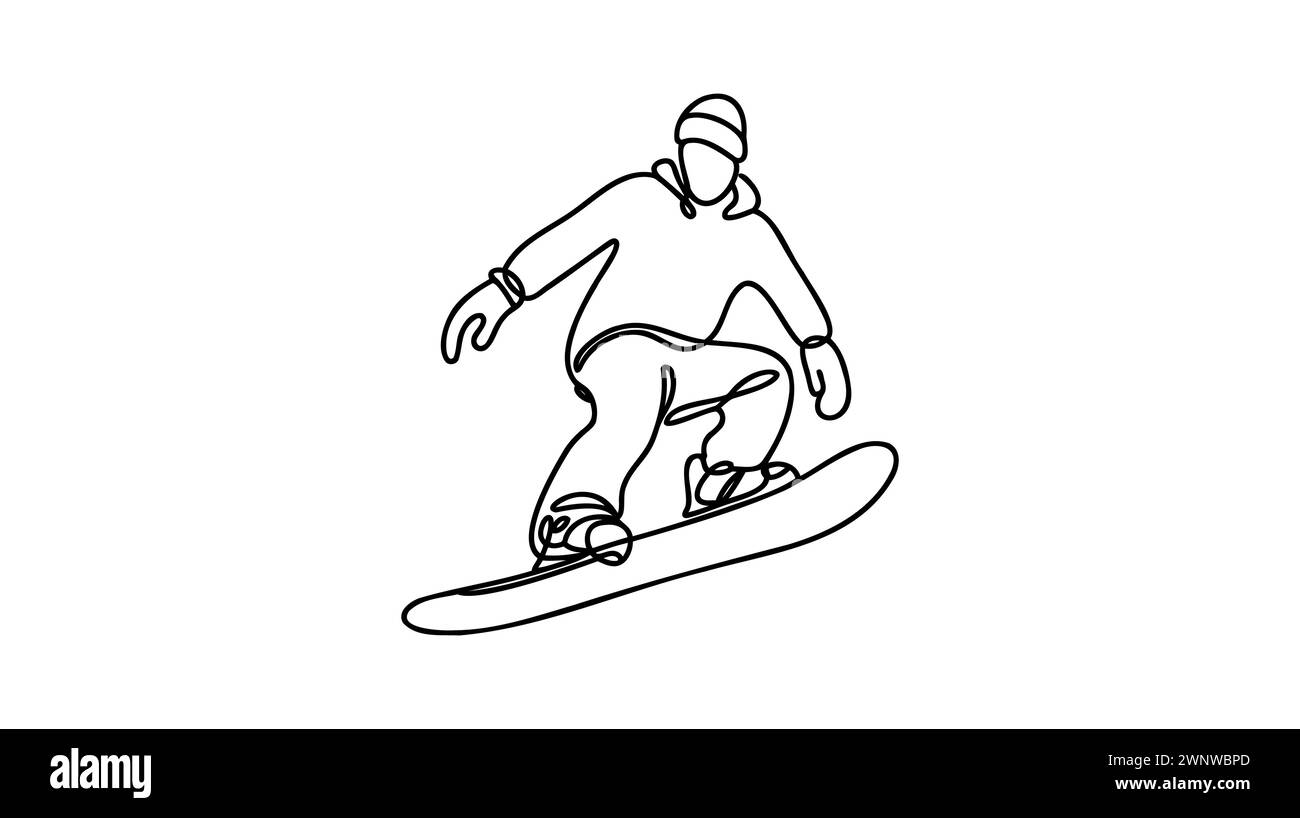 One continuous line drawing of young sporty man snowboarder riding ...