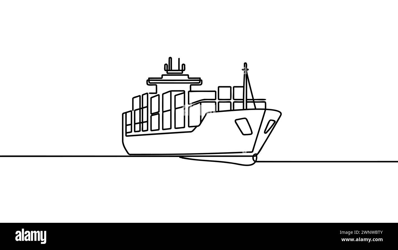 Continuous one line drawing cargo ship with containers in the port ...