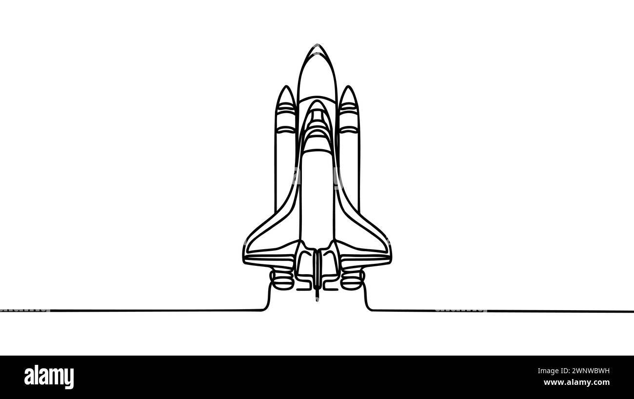 One continuous line drawing of simple retro spacecraft flying up to the ...