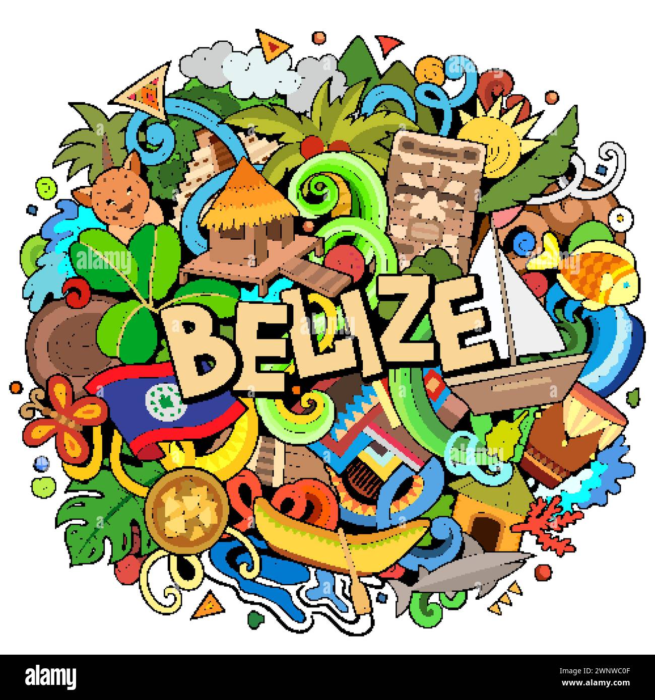 Vector funny doodle illustration with Belize theme. Vibrant and eye ...