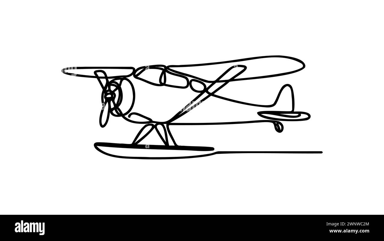Small plane flying in the sky in continuous line art drawing style ...