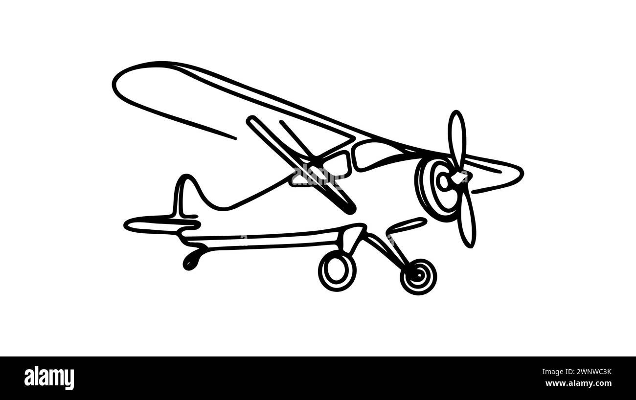 Small plane flying in the sky in continuous line art drawing style ...