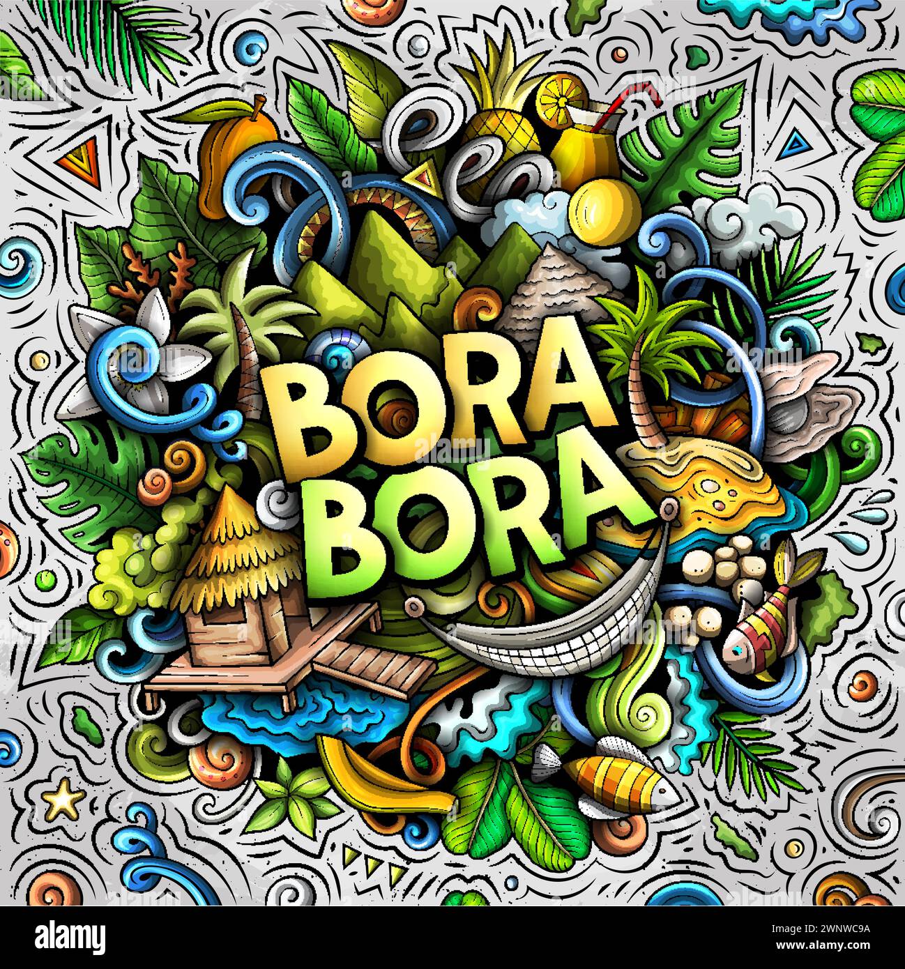 Bora-Bora hand drawn cartoon doodle illustration. Creative funny vector ...