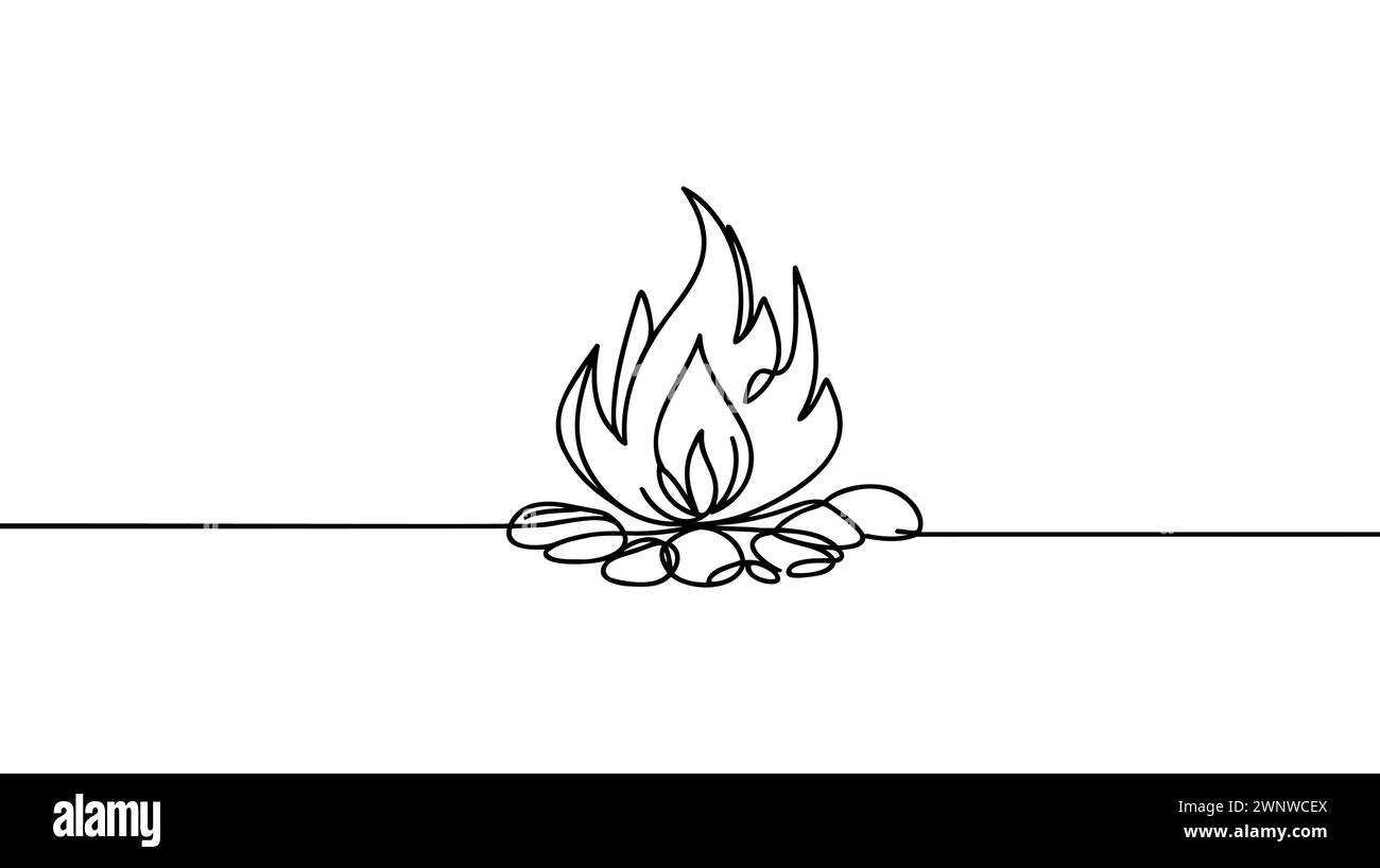 Bonfire in one continuous line art drawing style. Campfire black line ...