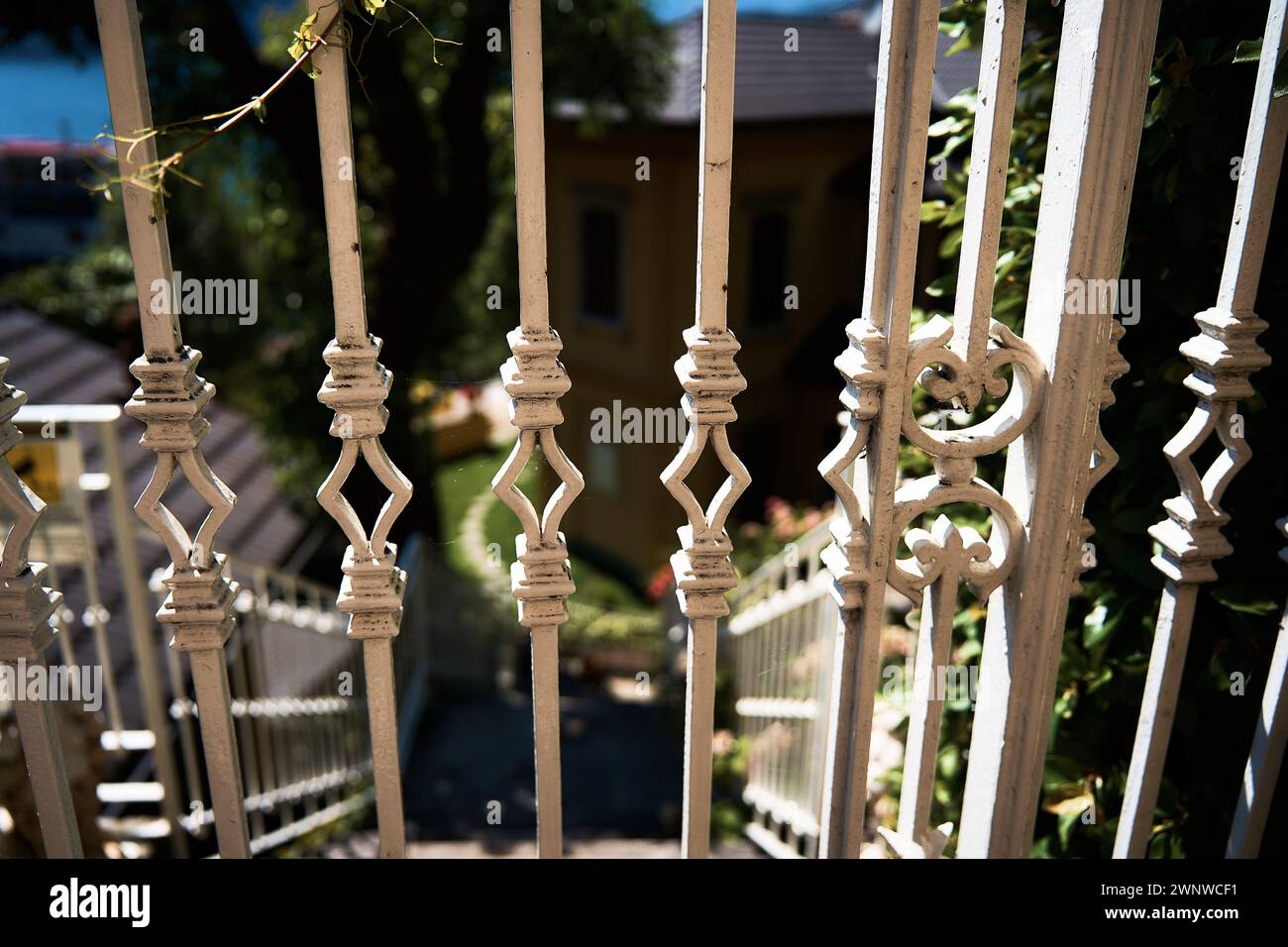 white wrought iron fence in an Italian town, details, background Stock ...
