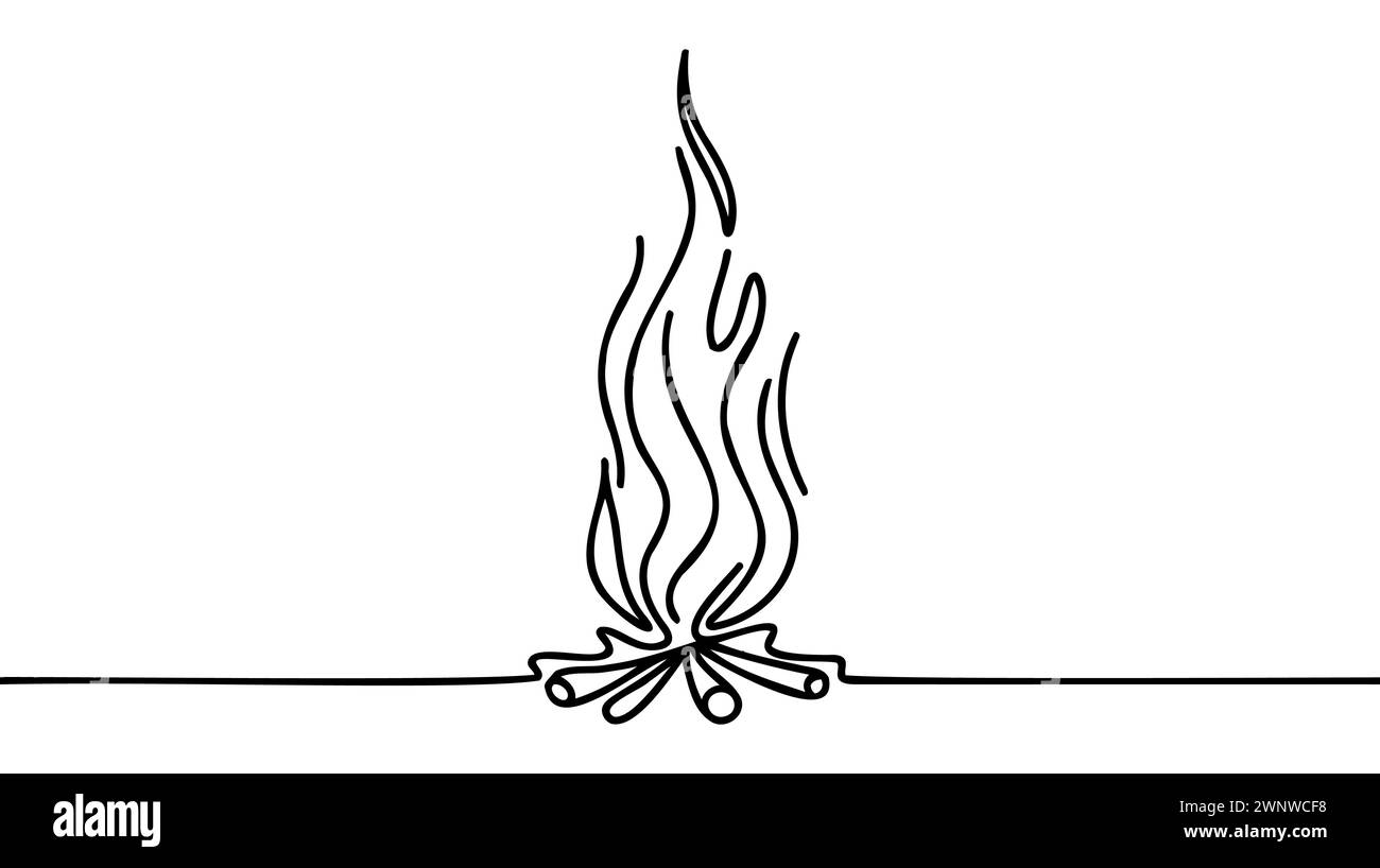 Bonfire in one continuous line art drawing style. Campfire black line ...