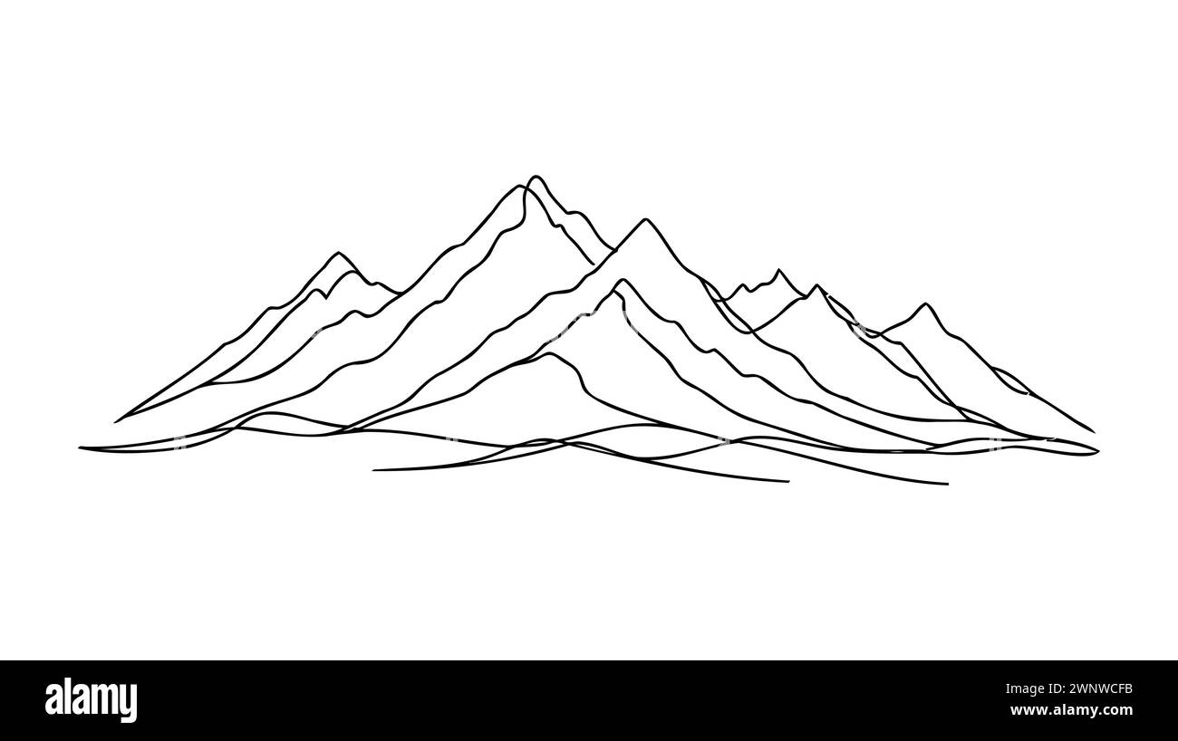 One continuous line drawing of mountain range landscape. Web banner ...