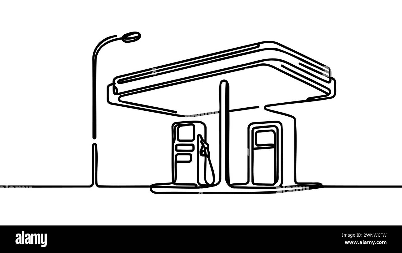 Single one-line drawing of a big gas station in town. Gas station ...