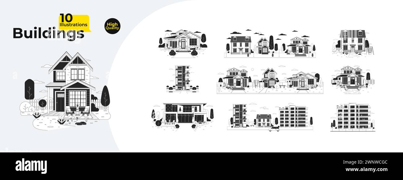 Houses types black and white cartoon flat illustration bundle Stock ...