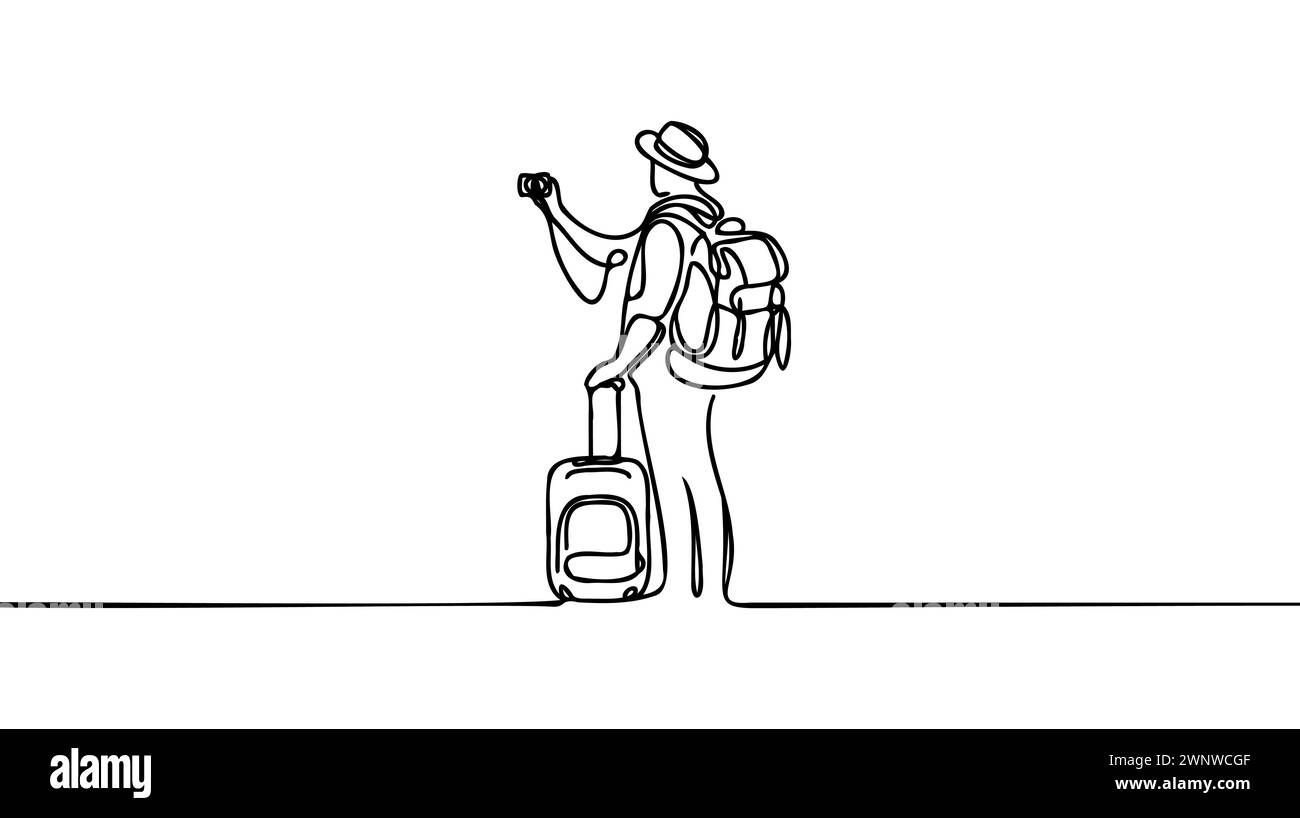 Continuous line drawing of traveler, tourist. Single one line art ...