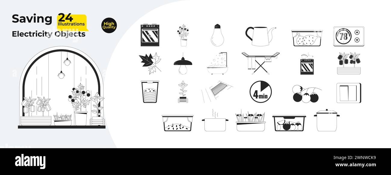 Conserving energy at household black and white 2D line cartoon objects ...