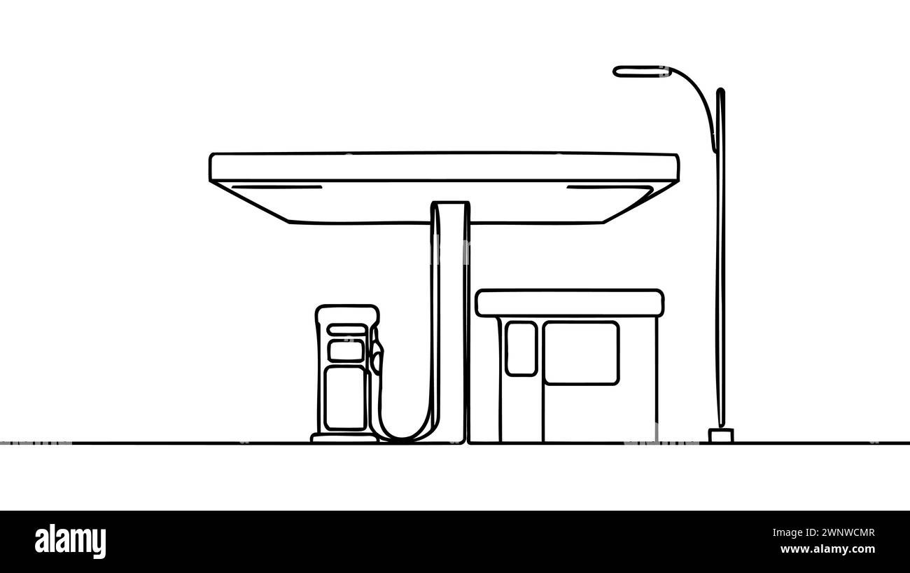 Single one-line drawing of a big gas station in town. Gas station ...