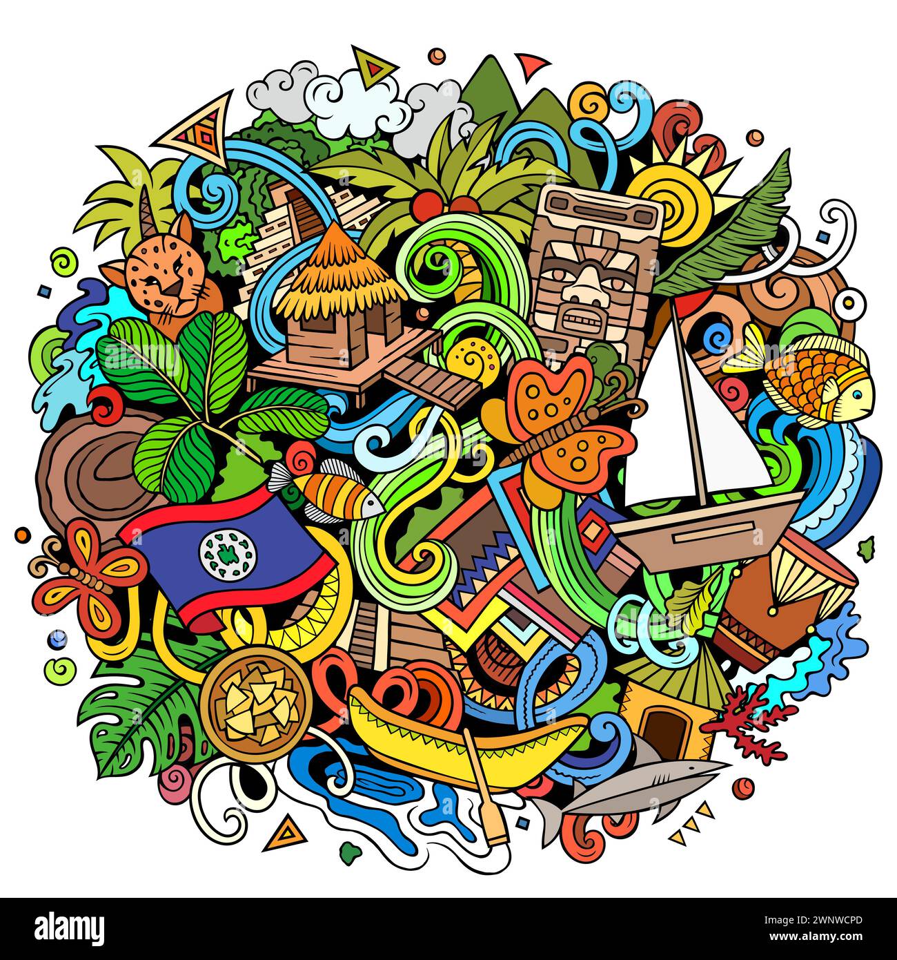 Vector funny doodle illustration with Belize theme. Vibrant and eye ...