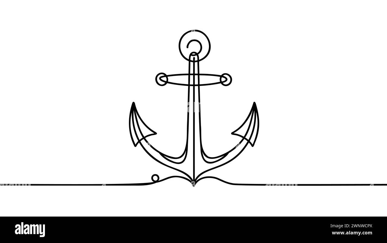 Anchor is drawn by one black line on a white background. One-line ...