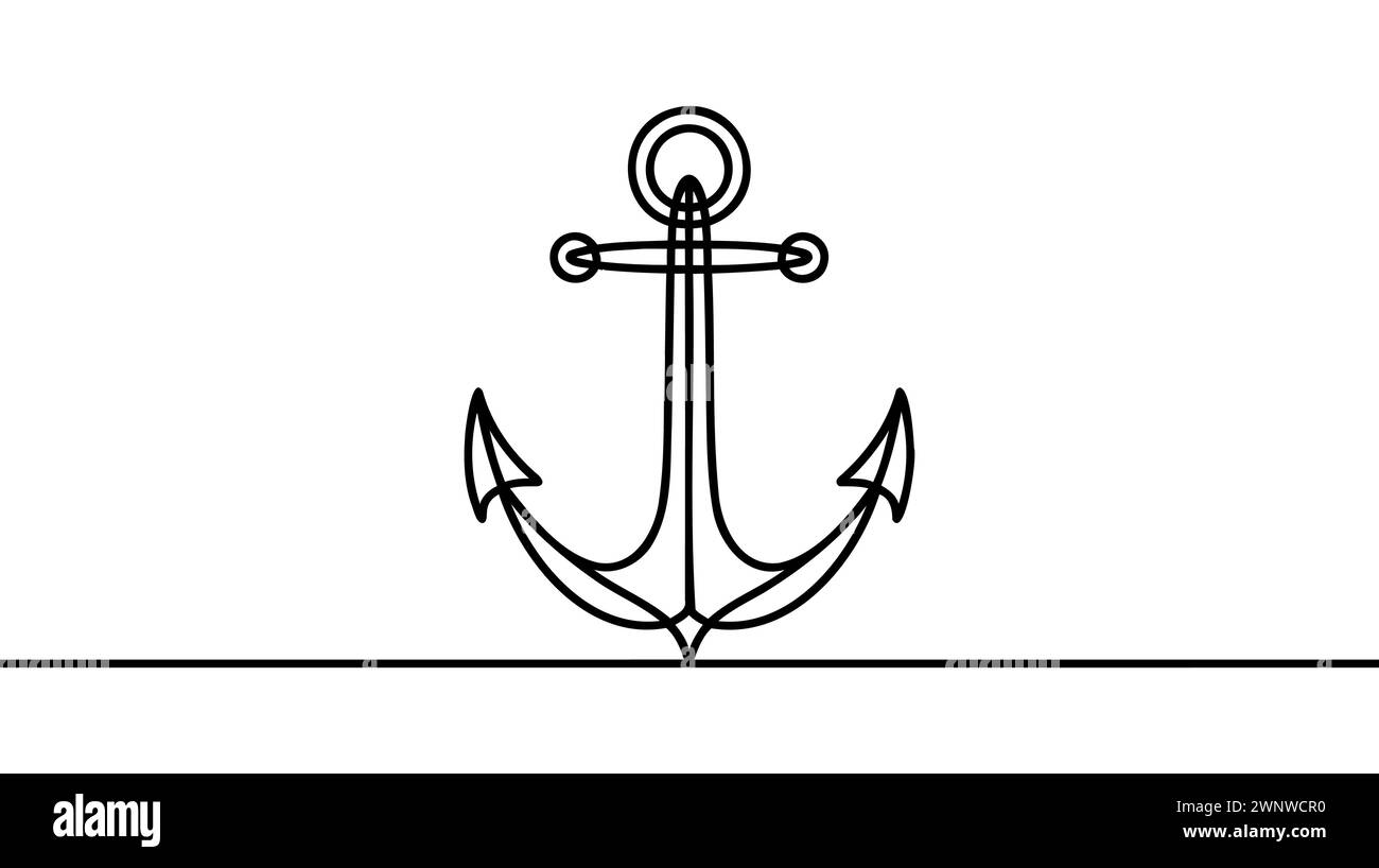 Anchor is drawn by one black line on a white background. One-line ...