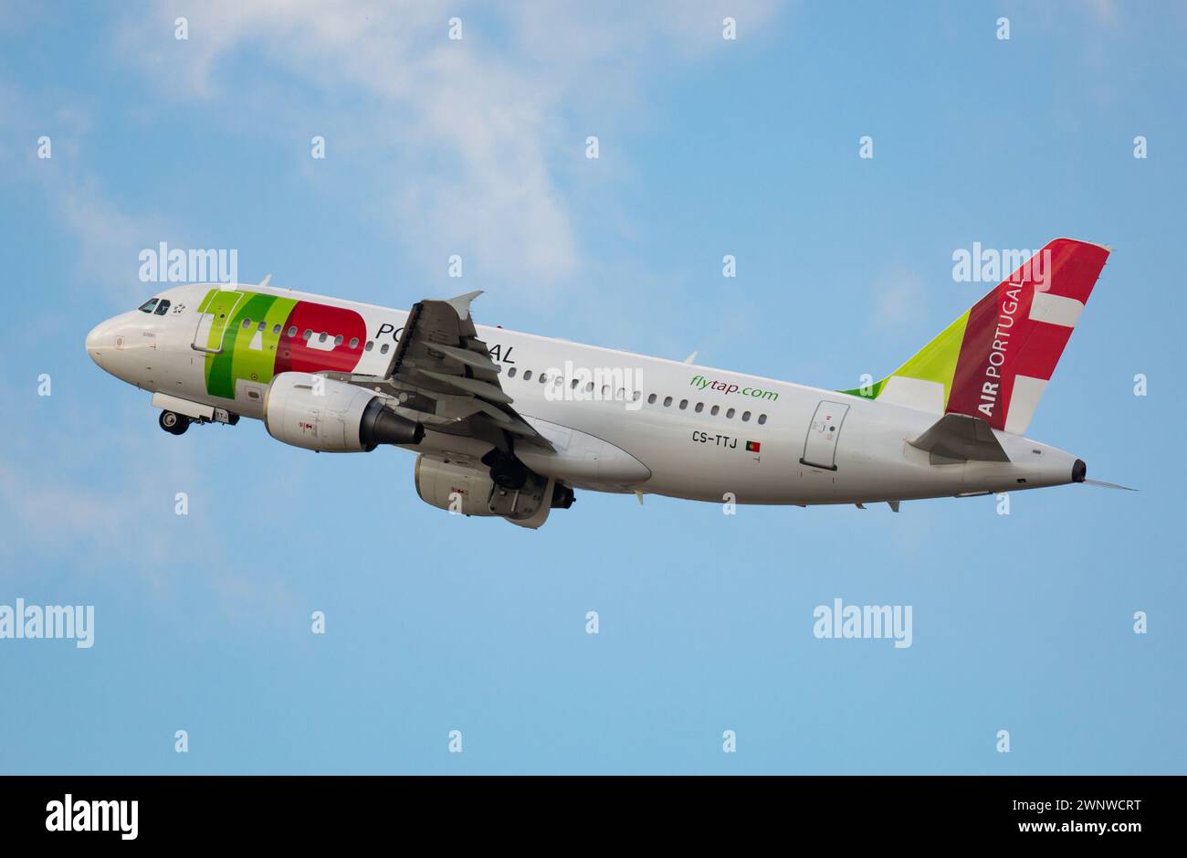 Airplane AirPortugal Airlines take off from the runway at Barcelona El ...