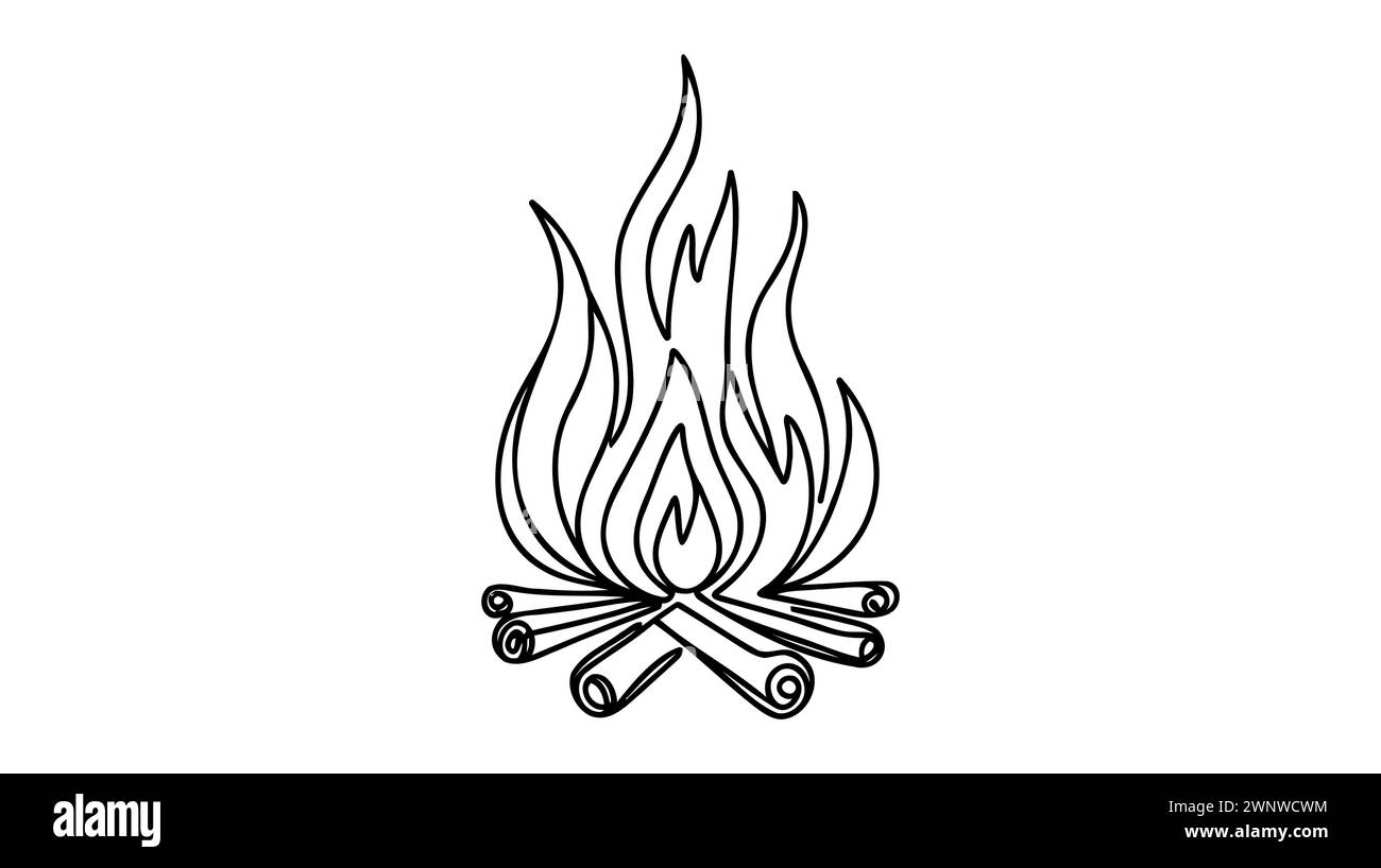 Bonfire in one continuous line art drawing style. Campfire black line ...