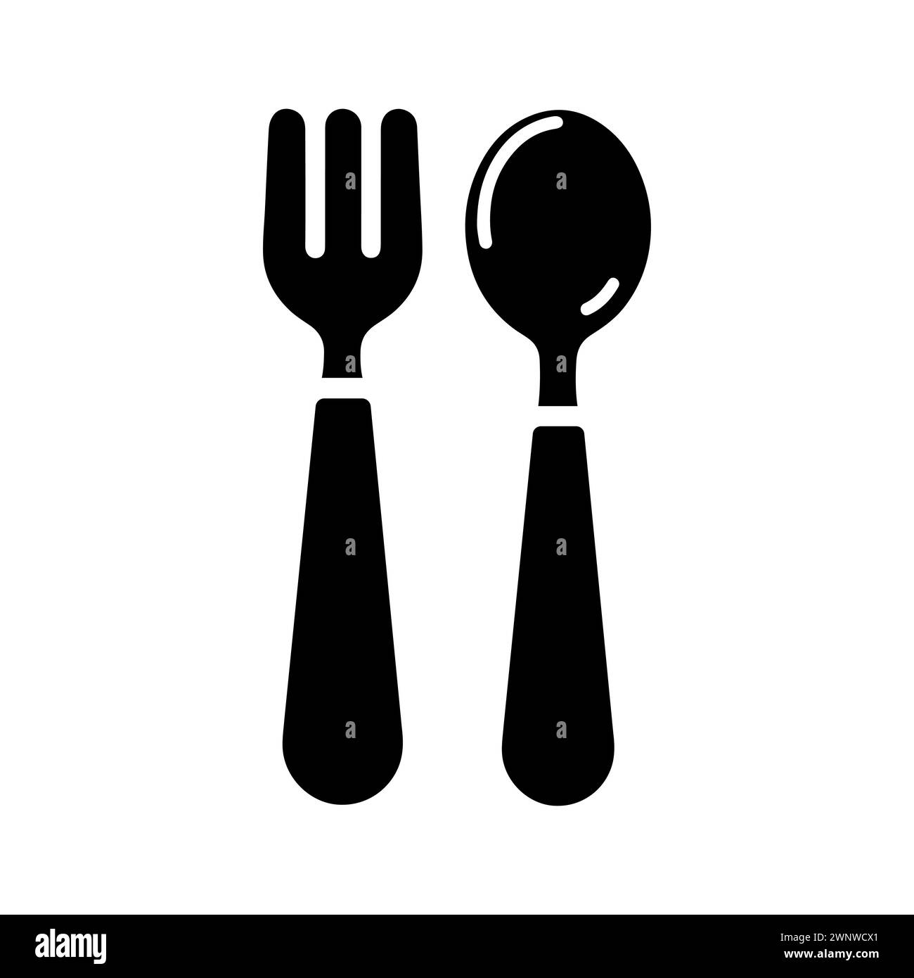 Baby cutlery icon. Black silhouette of a baby fork and spoon on white ...