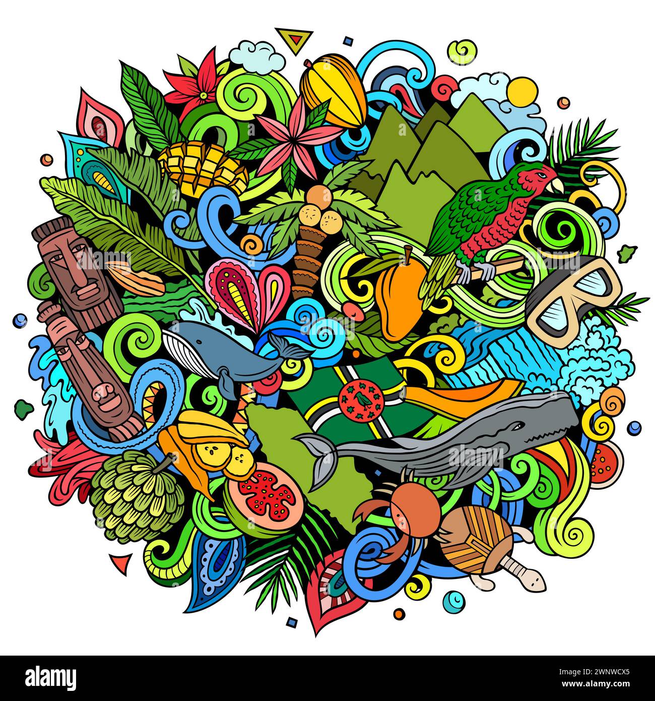 Vector funny doodle illustration with Dominica theme. Vibrant and eye ...